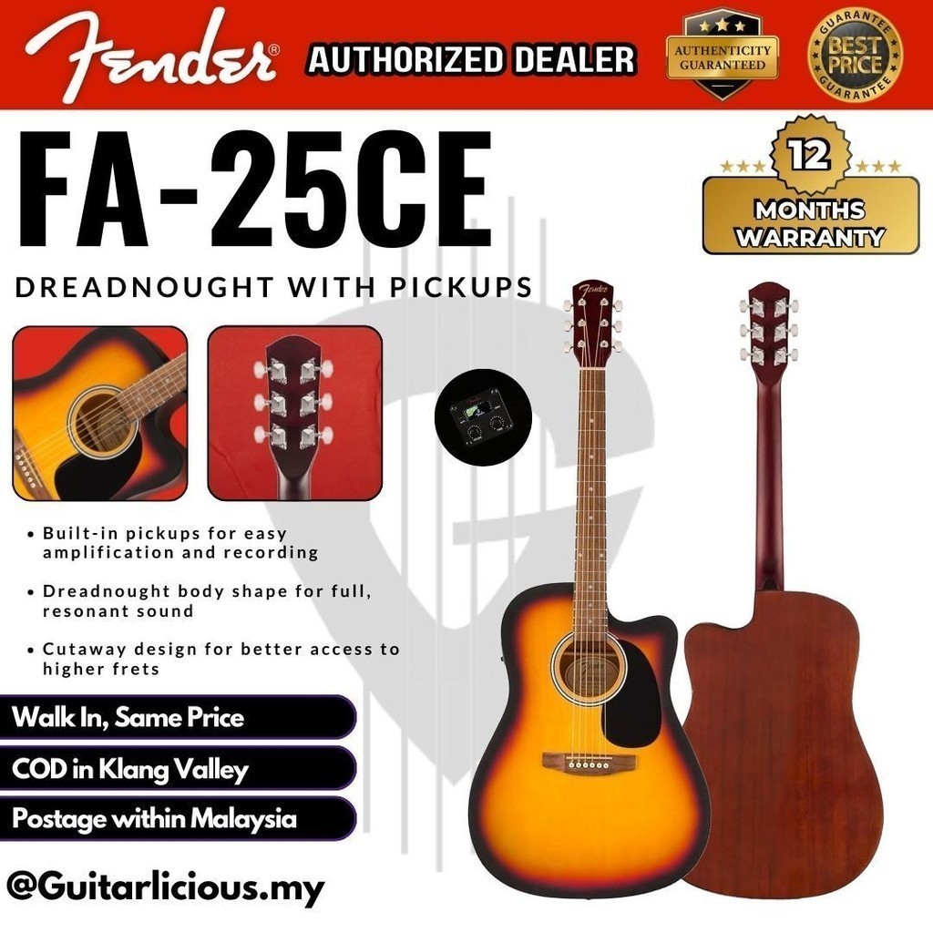 Fender FA-25CE Dreadnought Acoustic Guitar with Pick Up, Walnut FB, 3 ...