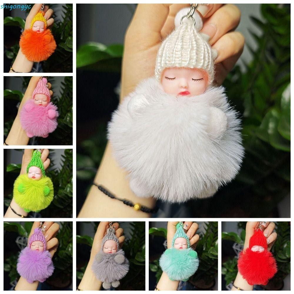 SHIGONG Sleeping Baby Key Chain, Knitted Hat Solid Color Pompom ...