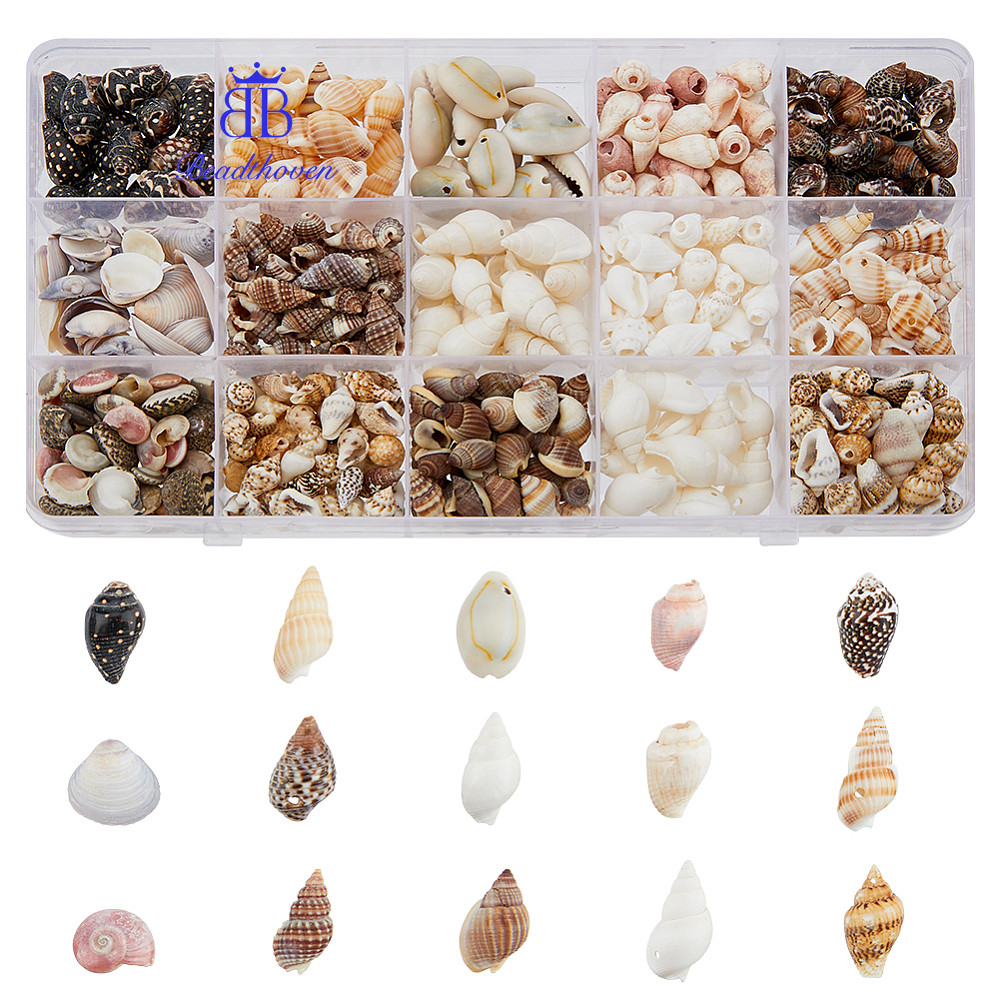 1Box 119G/400Pcs Small Shell Beads 15 Styles Cowrie Shell Beads Beach ...