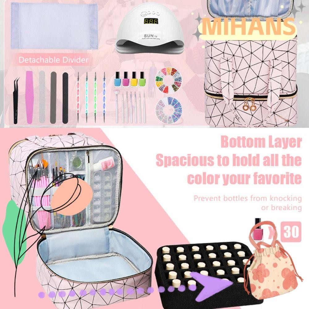 MIH Manicure Bag, PU Nylon with Handle Nail Organizer, Double Layer 30 Grids Handbag Makeup Bag ...