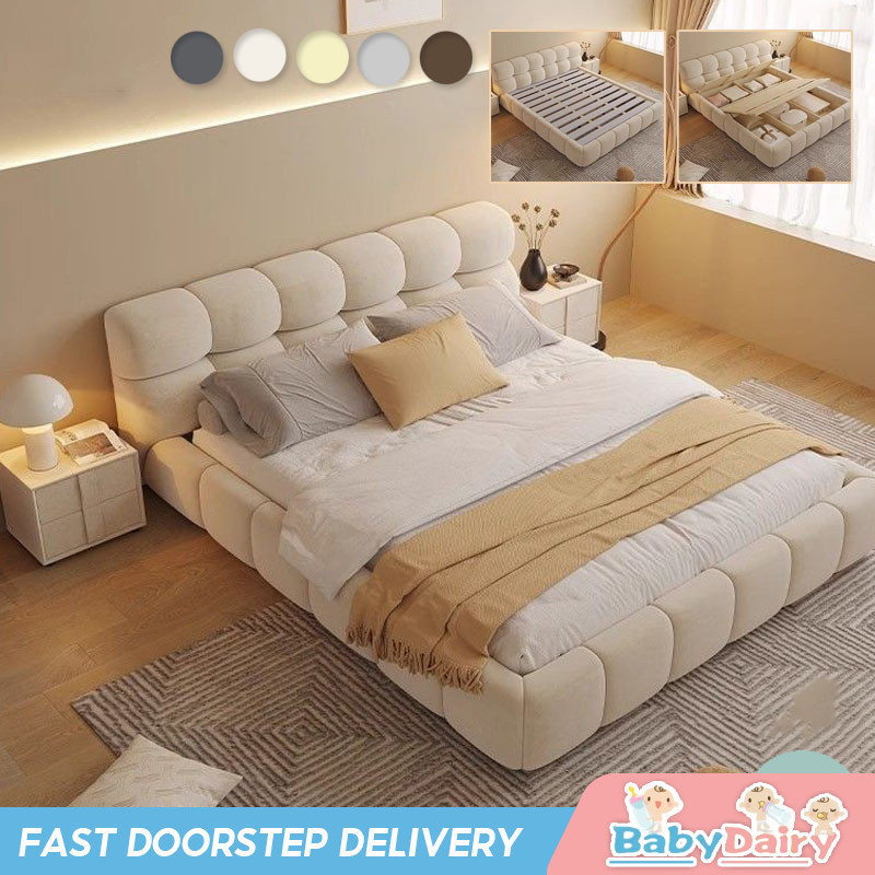 BabyDairy Bed Frame Creamy Style Puff Fabric And Solid Wood Storage With Mattress Single/super ...