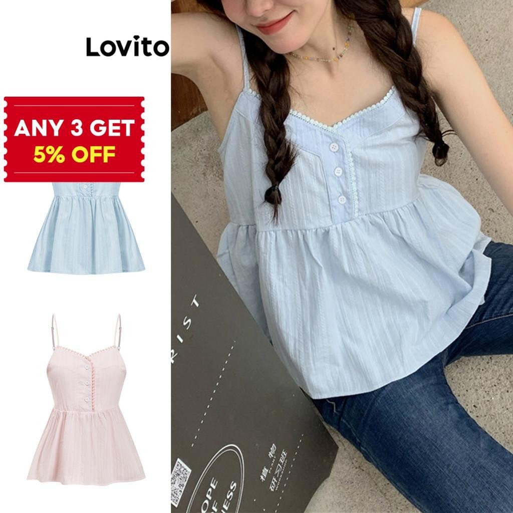 Lovito Cute Tank Top Plain Ruffle Neck Button Tank Top for Women ...