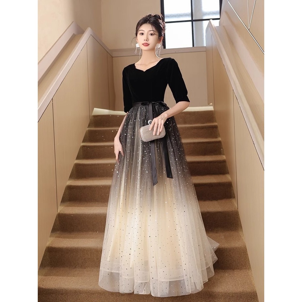 Gradient Black Host Evening Dress Elegant Mid Sleeve Starry Sky Piano ...