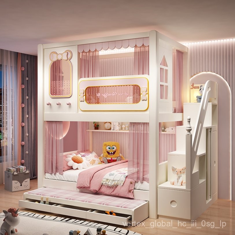 Children's Bunk Bed Pink High Guardrail Kids Two-Layer Bed Same Width ...