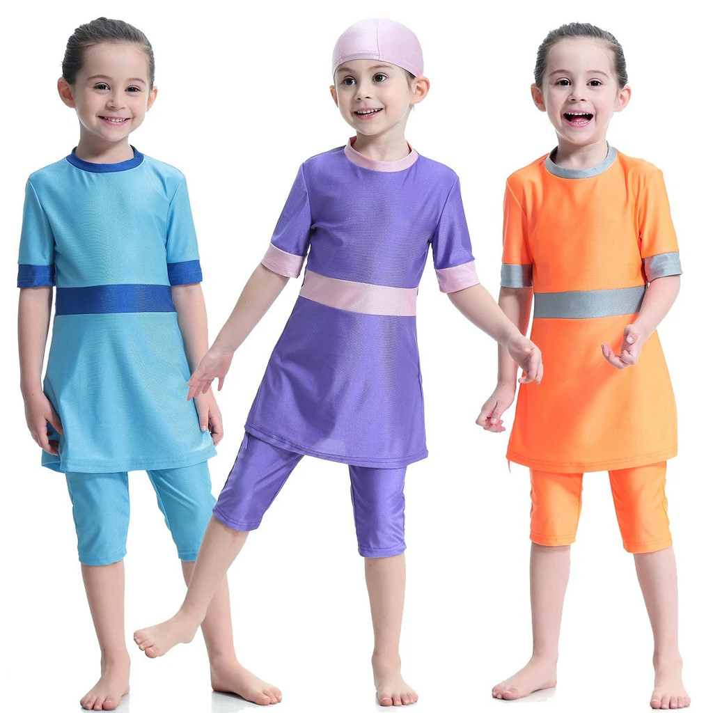 Kids Burkinis with Hijab Girls Islamic Semi Coverage Patchwork Swimsuit ...