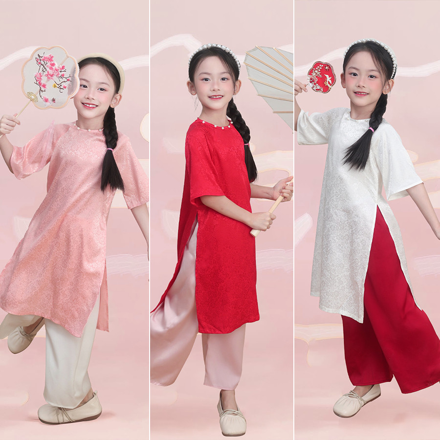 CNY ao dai for girls, large size 16-46kg Magickids Bich Ngoc Luu Ly ao dai, 3 colors, soft silk ...