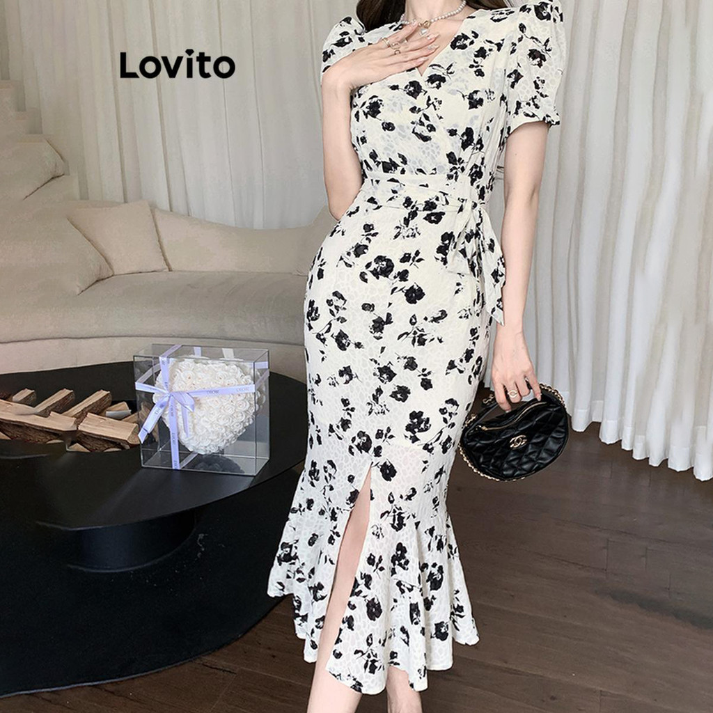 Lovito Elegant Ditsy Floral Split Front Ruffle Dress for Women LNE66040 ...