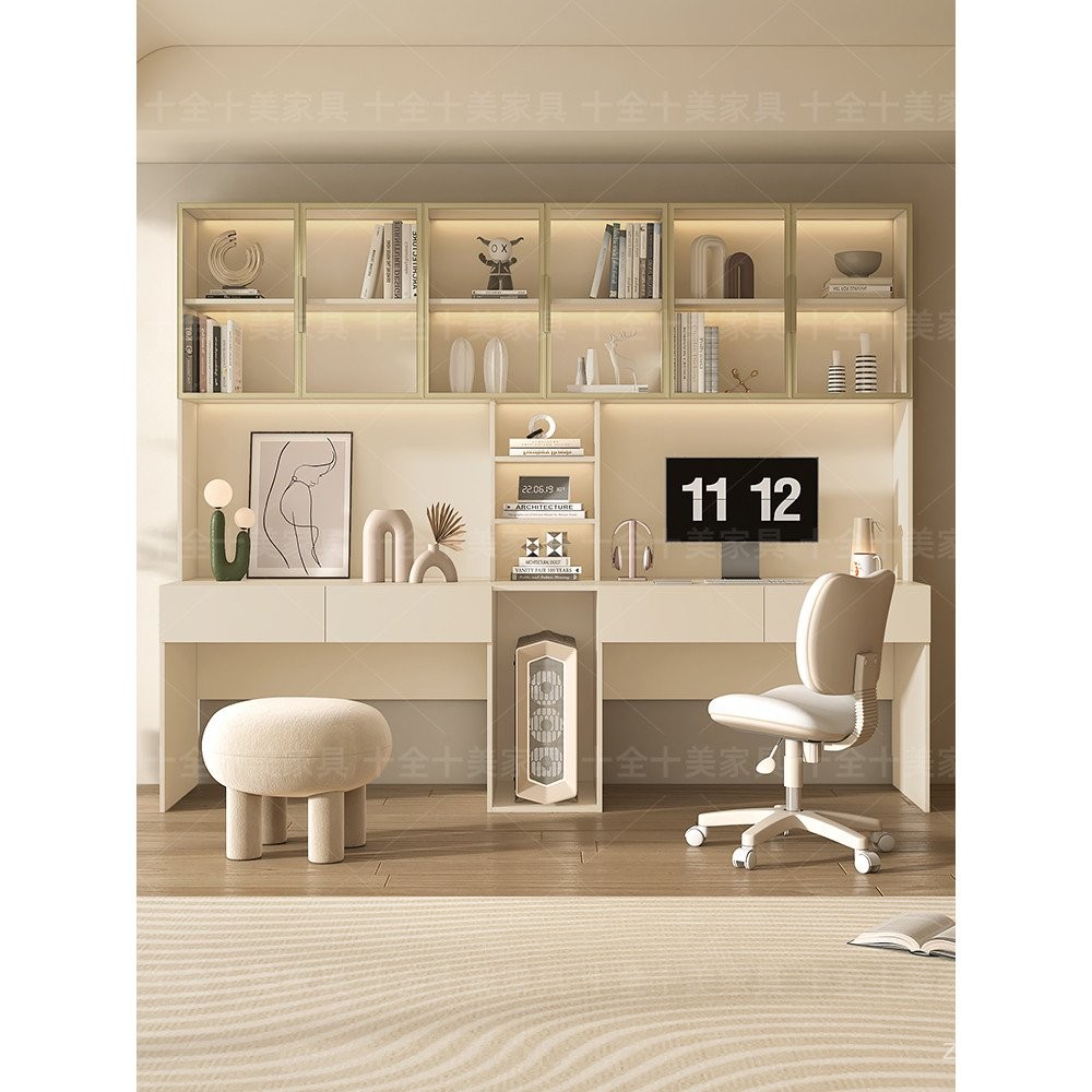 Computer Desk Double Desk Bookshelf Integrated Desk Bookcase ...