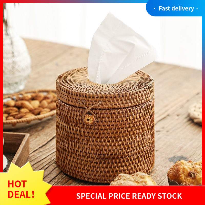 Rattan round Tissue Box Roll Holder Living Room Desktop Tissue Box Reel ...