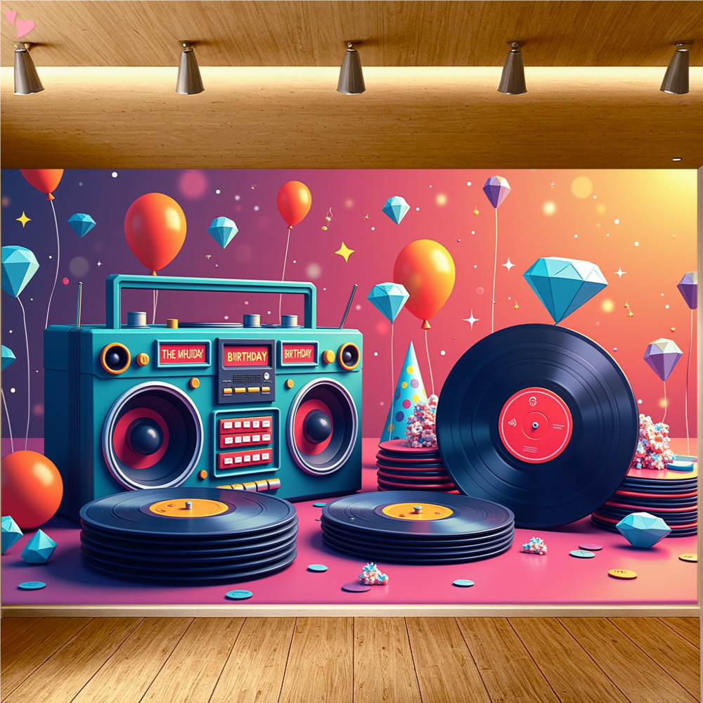 Happy Birthday Backdrop Banner Retro Music Theme Vinyl Records Design ...