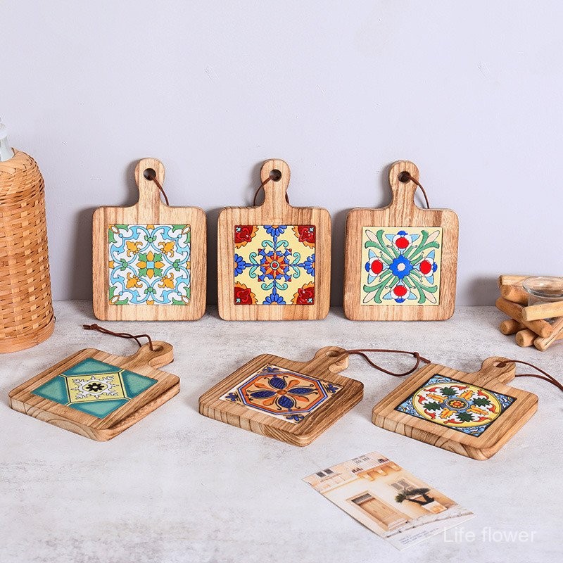 HL Vintage Heat Insulation Mat Flower Tile Pot Mat Wooden Plate Coaster ...