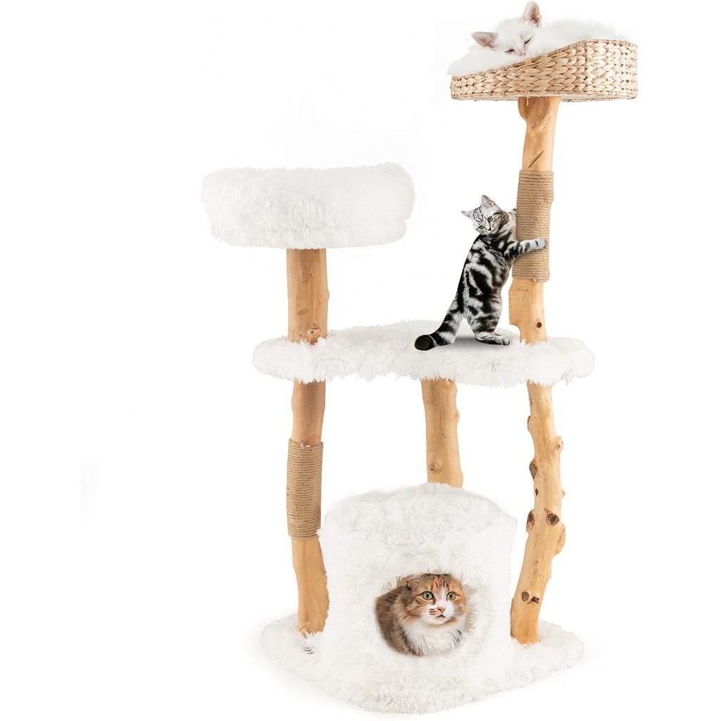 PETSITE 49 inch Cat Tree for Indoor Cats, Solid Wood Modern Multi-Level ...