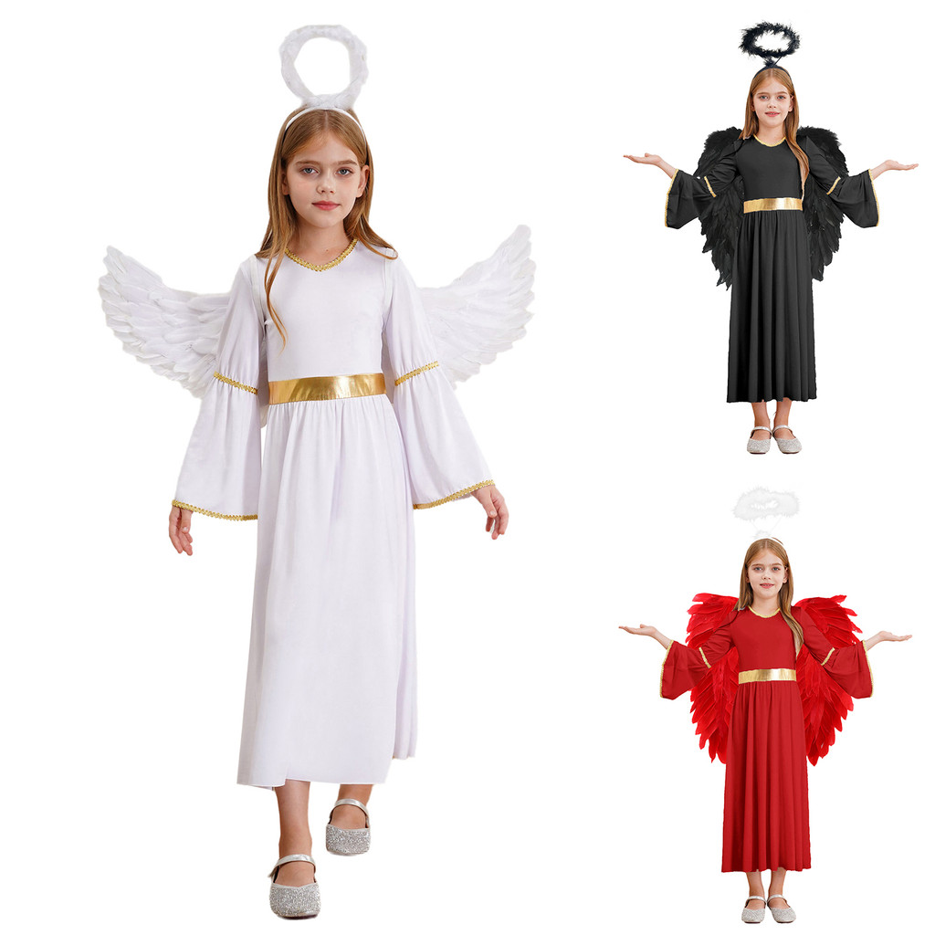 inhzoy 3Pcs Girls Angel Costume Angel Dress Long Sleeve Gold Trim ...