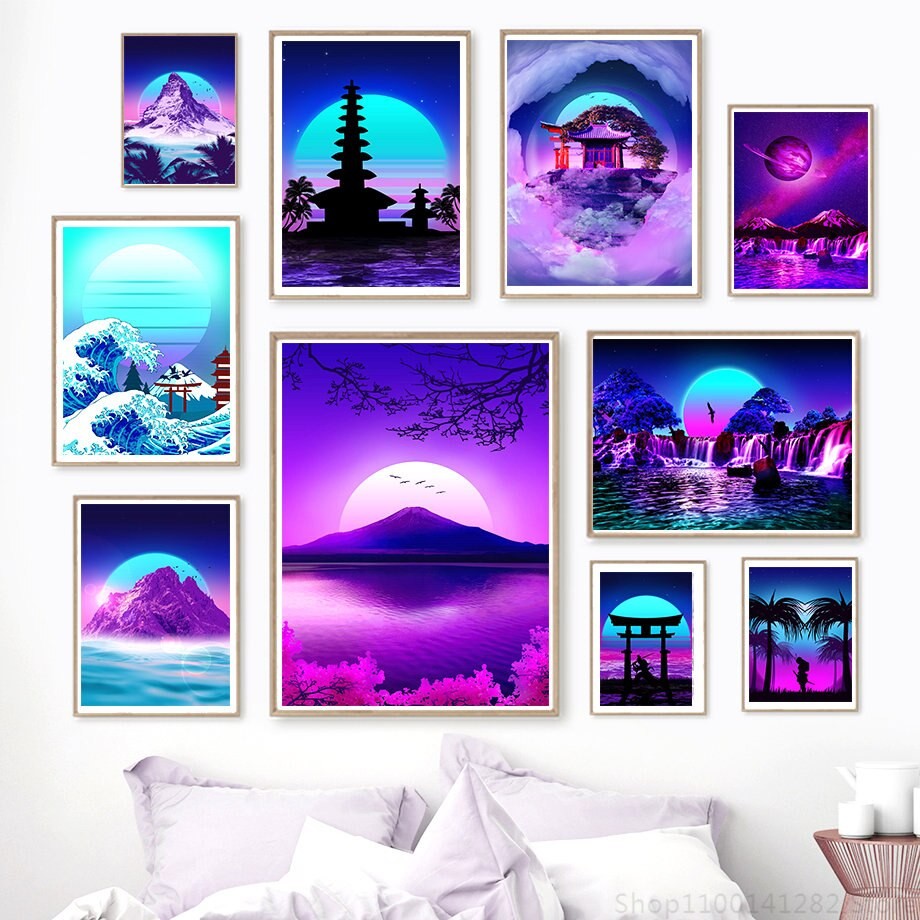 Retro s Vaporwave Poster Neon Samurai Wave Mount Fuji Moon Painting ...