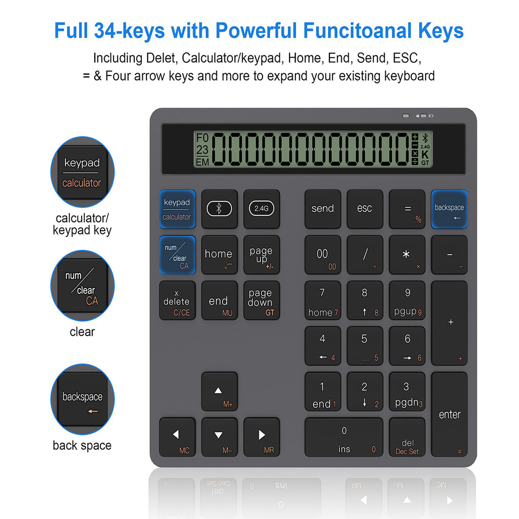 JOMAA Bluetooth 2.4G Wireless Numeric Keyboard with Display Calculator Wireless Number Keypad ...