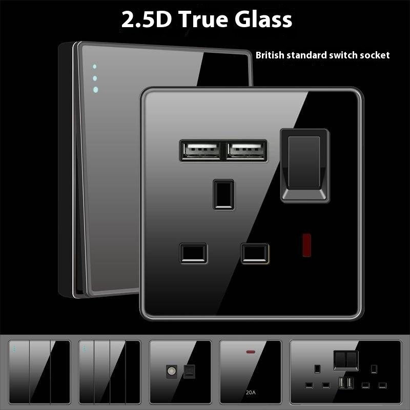 Glass Black British Standard Switch Socket Panel Large Board Switch ...