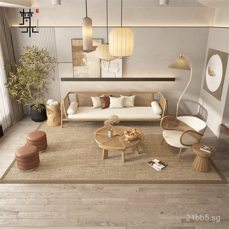 Wabi-Sabi Style Natural Wood Color Homestay Solid Wood Sofa Set Natural Wood Style Living Room ...