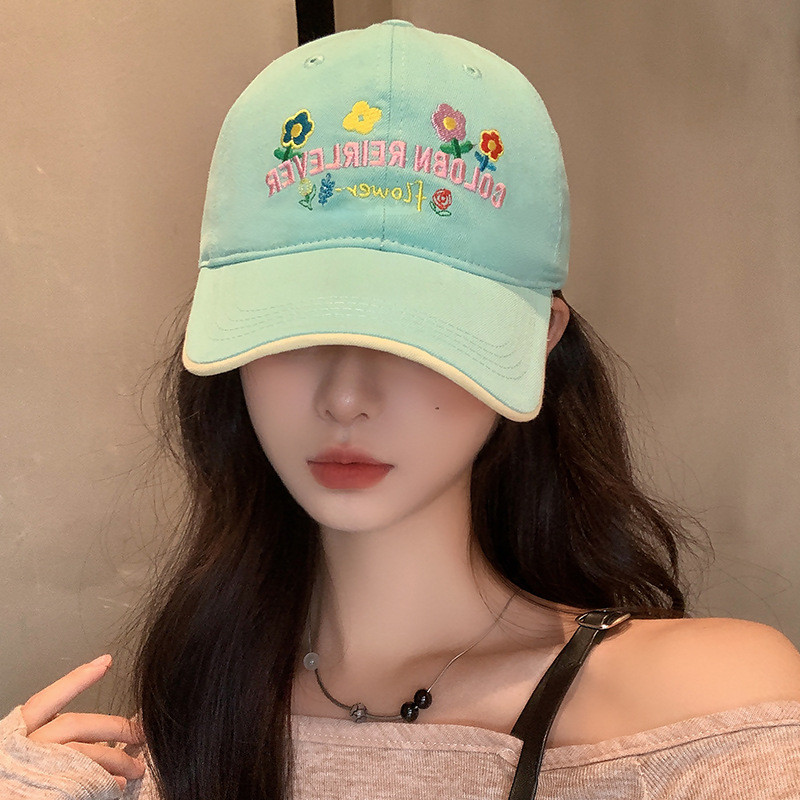 Mint green flower embroidered baseball cap children spring and summer ...