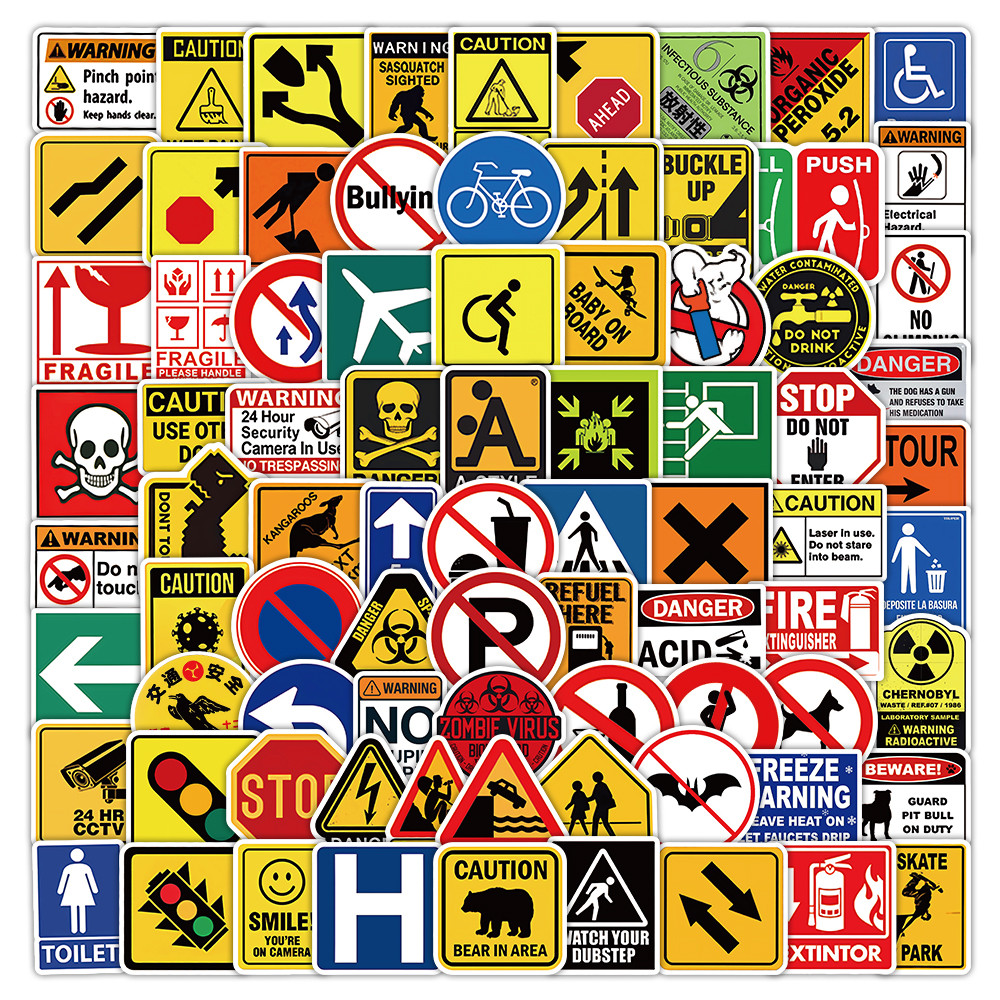 200/100/50Pcs Edgy Warning Sign Stickers Cool Safety Symbol Decals with ...