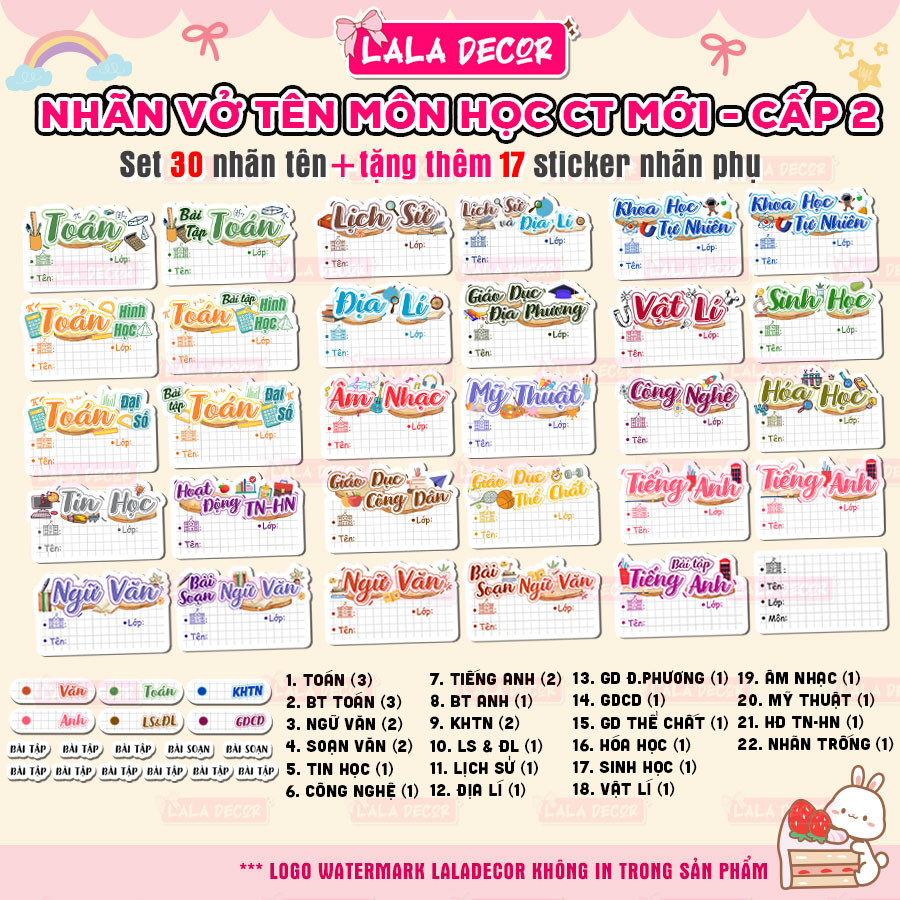 Set of 30 Designed Subject Notebook Labels with Stickers for New Level ...