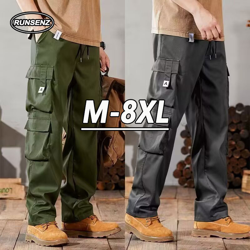 M-8XL Japanese Multi Pocket Black Cargo Pants Men Simple Casual Loose ...