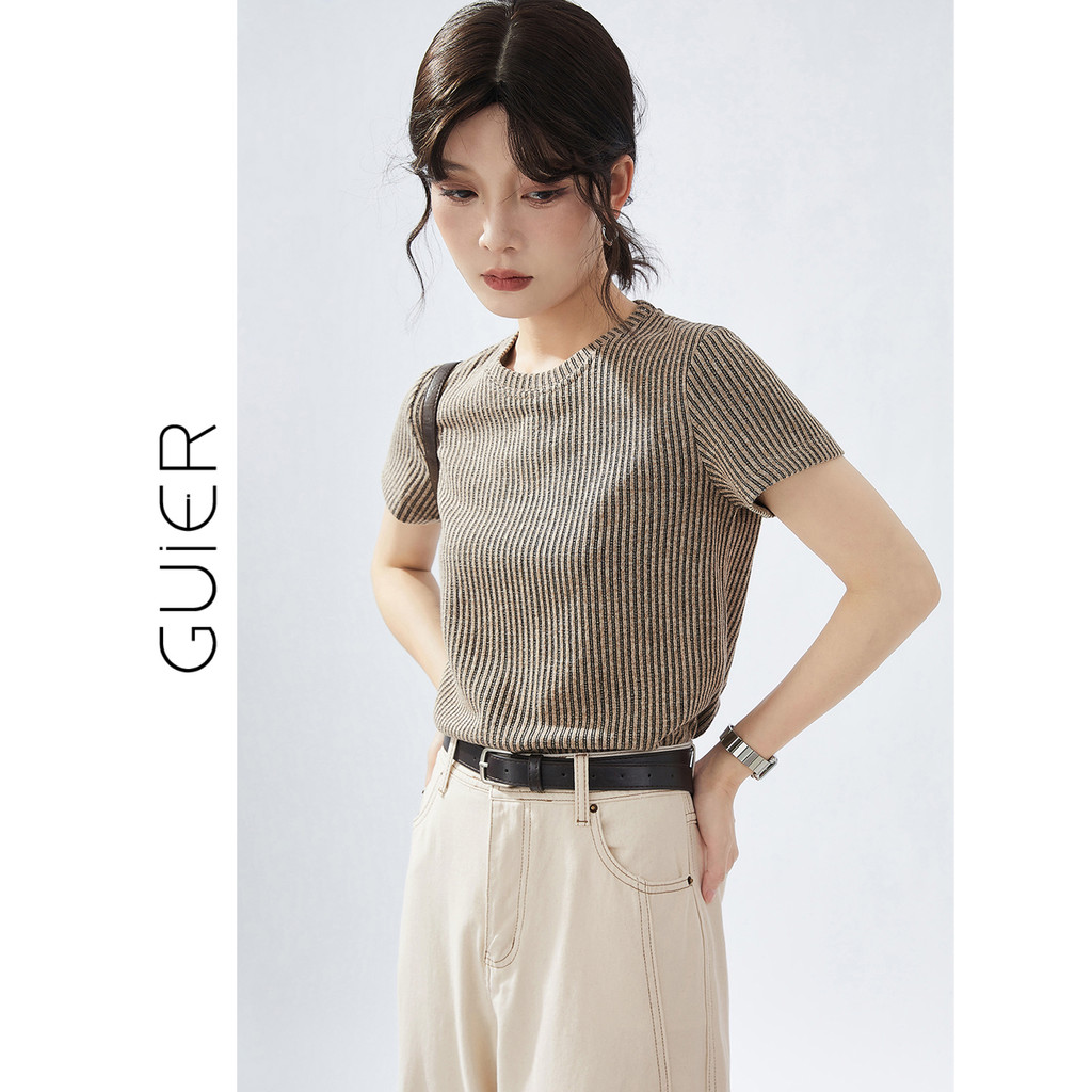GUIER Design Feel Temperament Striped Short-Sleeved T-Shirt Women ...