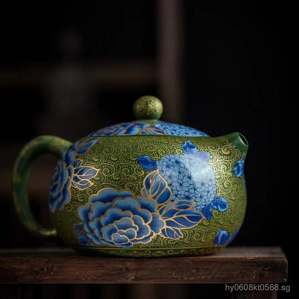 Kung Fu Teapot Tea Pot Green Clay Gold Thread Brocade Hydrangea Purple ...