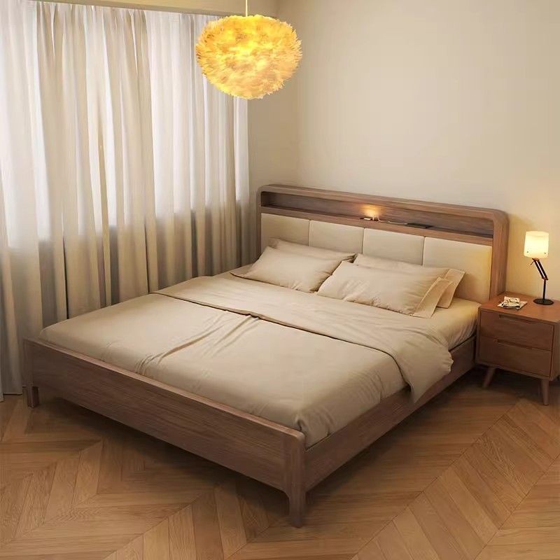 Solid Wood Bed Queen Size Bed Frame Soft Back Night Light Bed Single ...