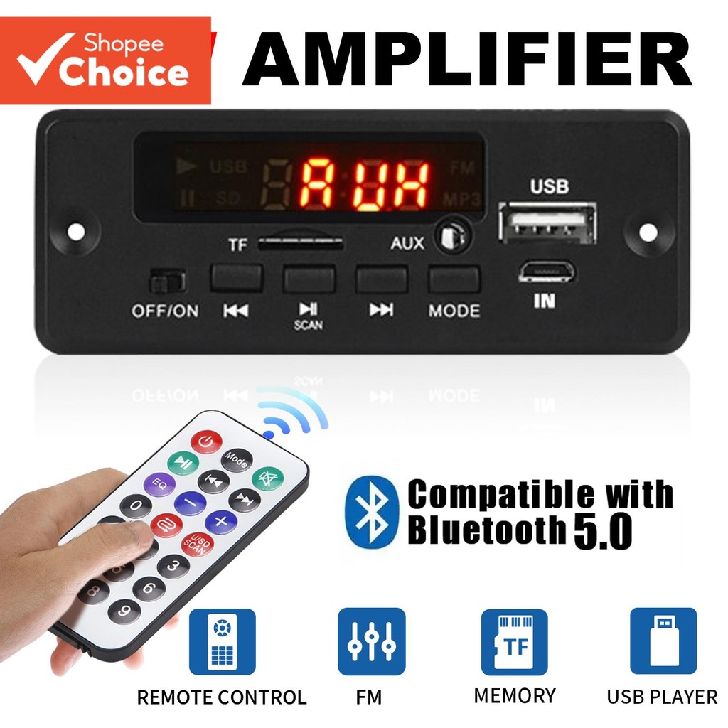 DC 12V 50W Amplifier Bluetooth 5.0 MP3 Player FM Radio TF USB 3.5mm AUX ...