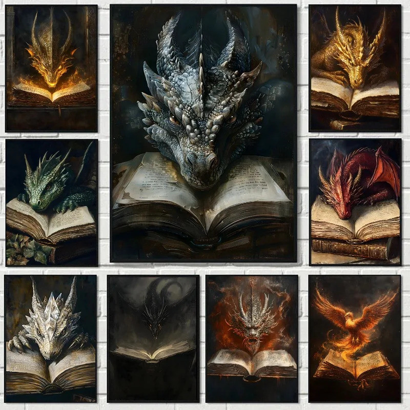 Large Dragon Reading Book Poster Gothic Animal Dragoncore Canvas ...