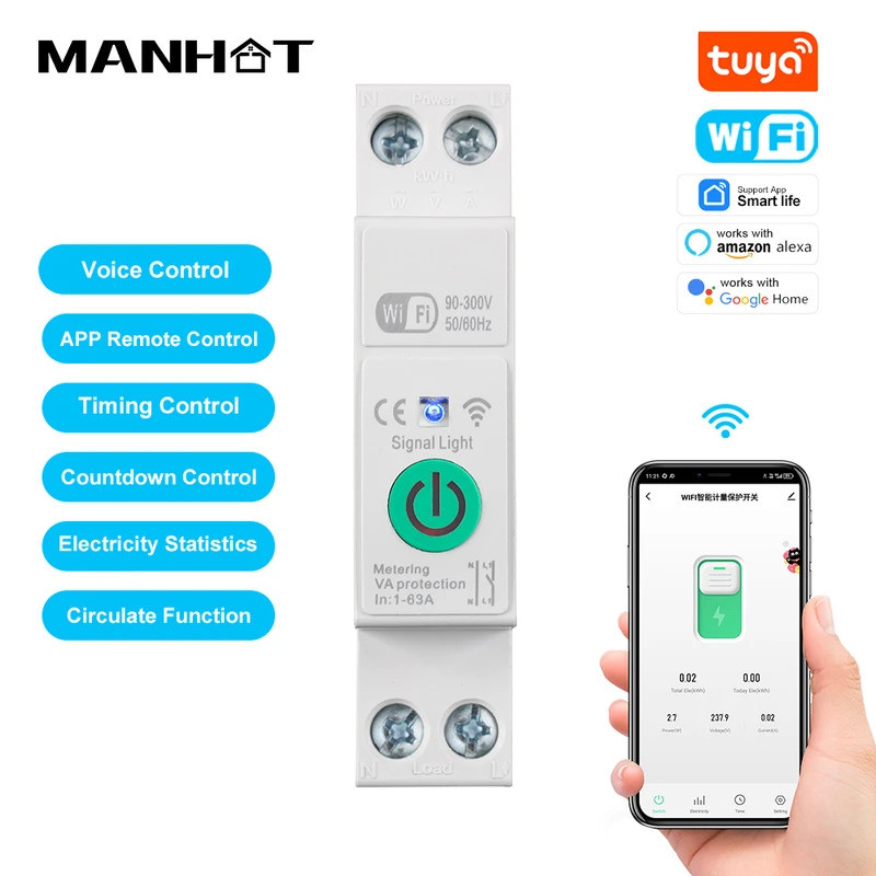 Tuya Smart WiFi Circuit Breaker Switch 1-63A 1P Energy Meter Kwh ...