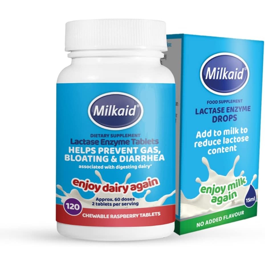 Milkaid Lactase Enzyme Drops Tablets for Lactose Intolerance Relief ...