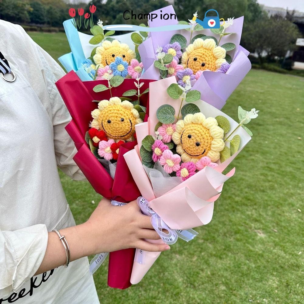 CHAMPIONO Graduation Bouquet, Knitted Cartoon Sunflower Bouquet, Smile Crochet Plush Toy ...