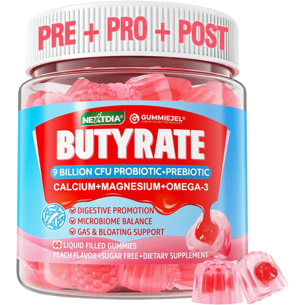 Butyrate Gummies with Probiotic + Prebiotic + Postbiotic, Omega-3 500mg ...