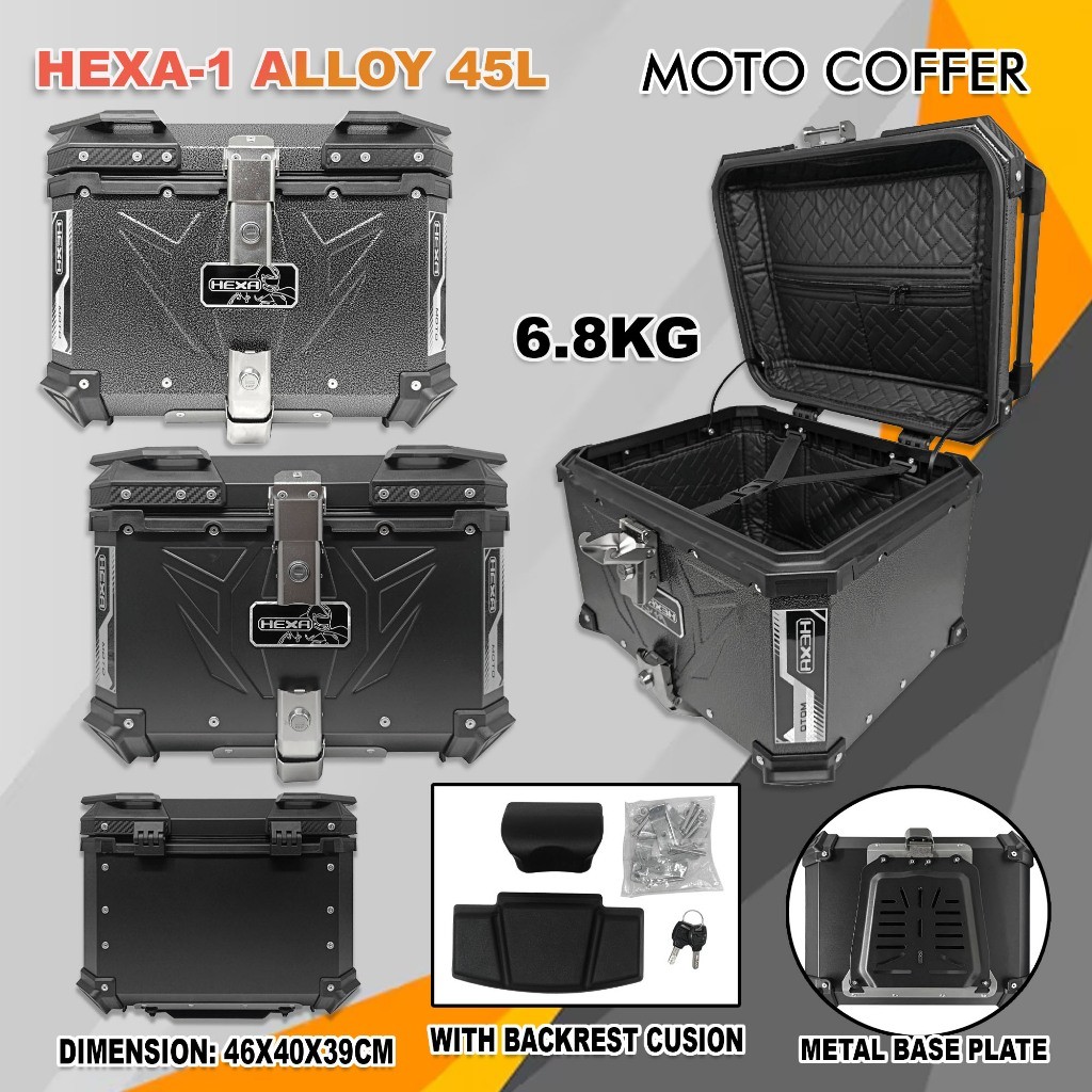 Moto Coffer HEXA 1 Alloy Top Box 45L Liters 6.8kg Compartment Moto Box Helmet Luggage Box ...