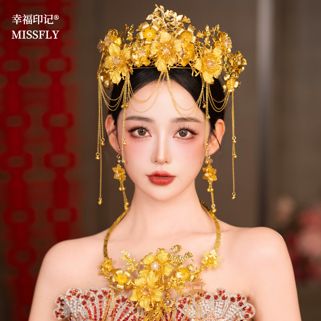 Golden Tassel Forehead Chain Bridal Phoenix Crown Xiuhe Cheongsam ...