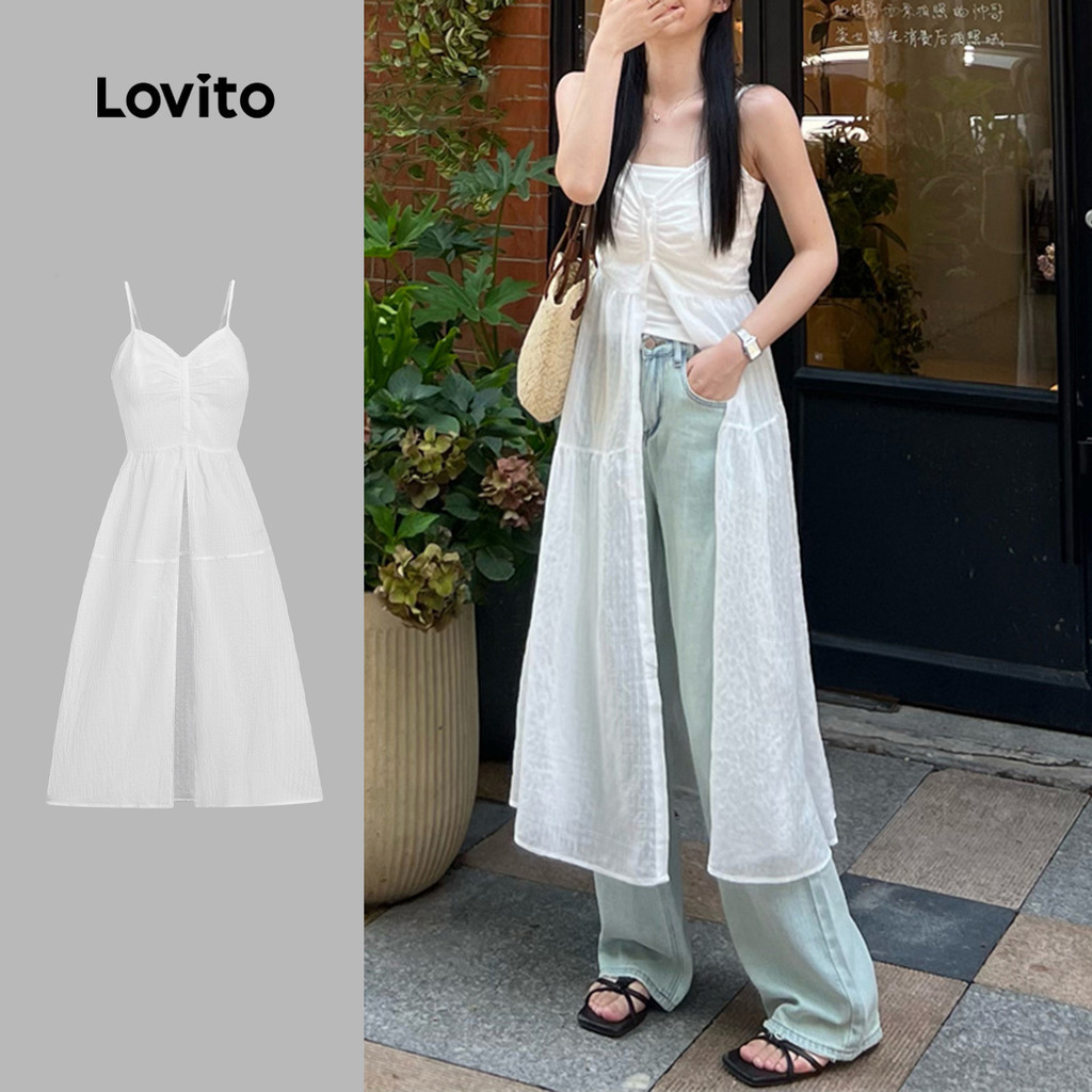 Lovito Casual Tank Top Plain Button Front Split Tank Top for Women ...
