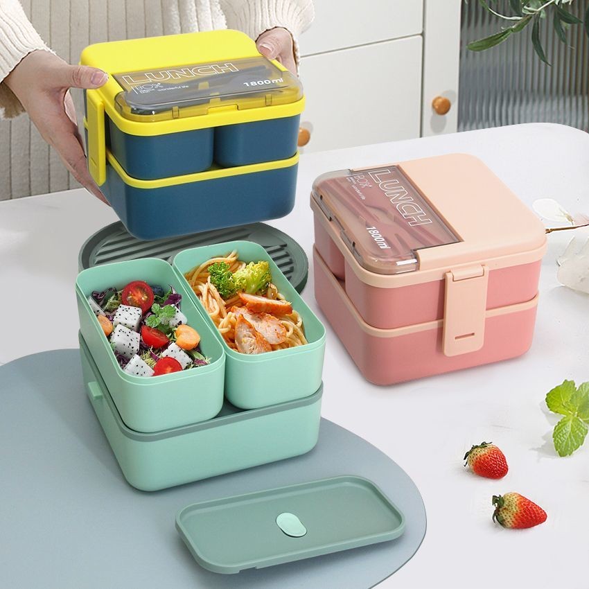 Japanese Style Lunch Box Microwave Heating Lunch Box with Lid Office Worker Double Layer ...