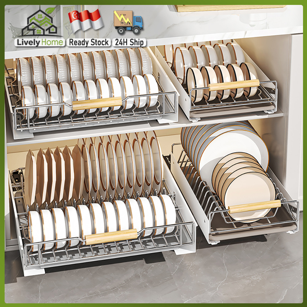 SG Stock Pull-Out Kitchen Dish Rack Built-In Drain Tray - Space-Saving ...
