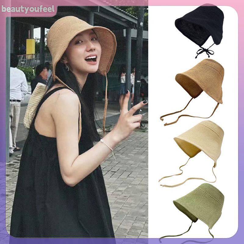 [Beautyoufeel] Linen Straw Regency Bonnets Hats For Women Sun Hats Bow Beach Cap Big Wide Brim ...