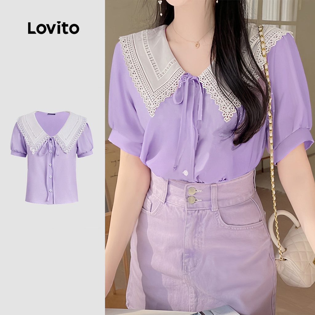 Lovito Elegant Blouse Plain Colorblock Spring/Summer Light Purple ...
