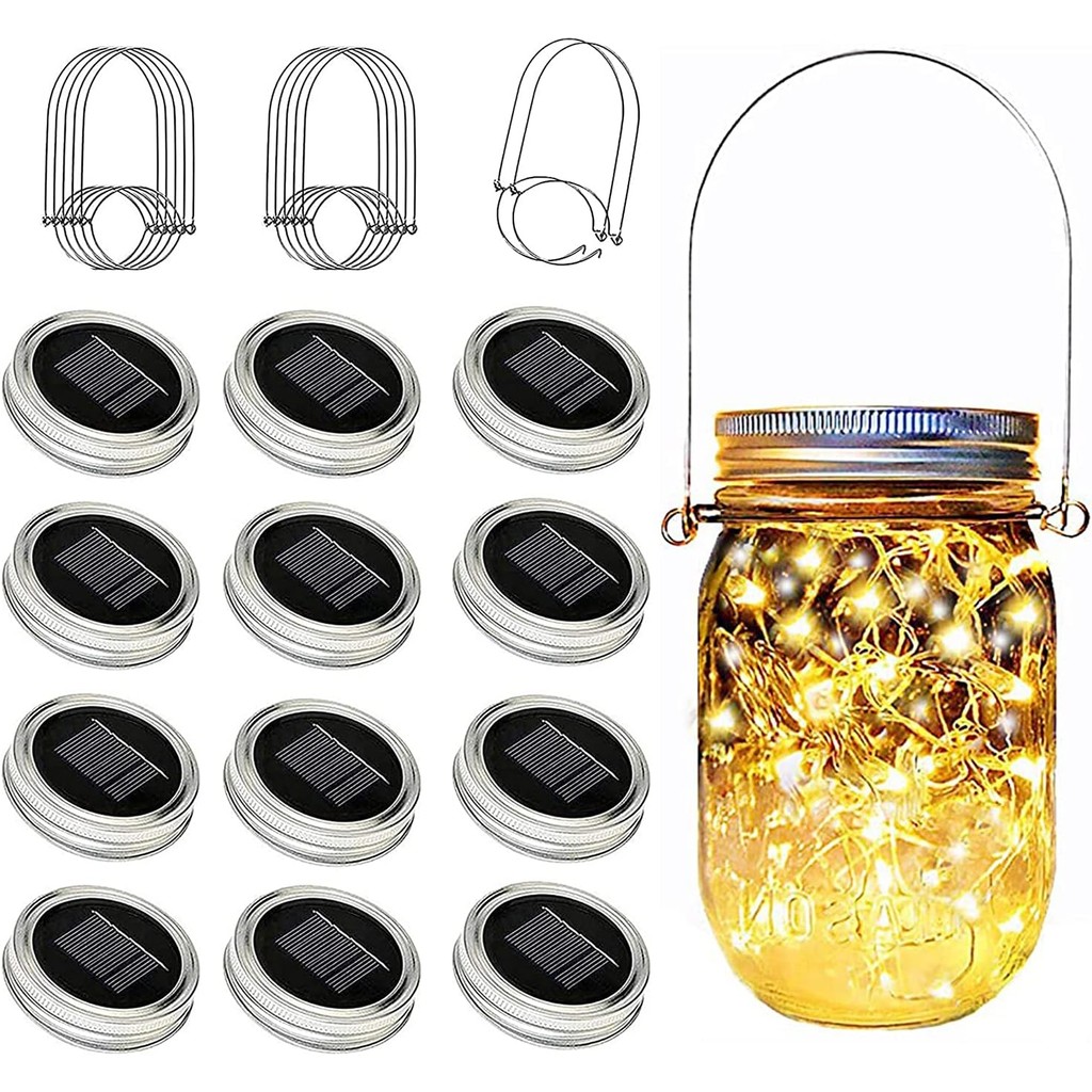 12 Pack Solar Mason Jar Lid Lights - 30 LED Firefly Fairy String Lights ...