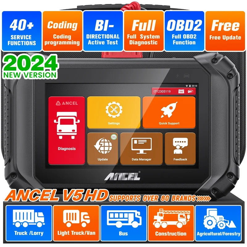 ANCEL V5 HD Heavy Duty Truck Scanner Semi Truck Full System Diagnostic ...