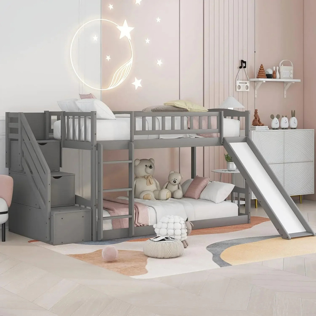 Over Twin Bunk Beds With Slide, Low Bunk Bed Frame With Storage Drawers ...