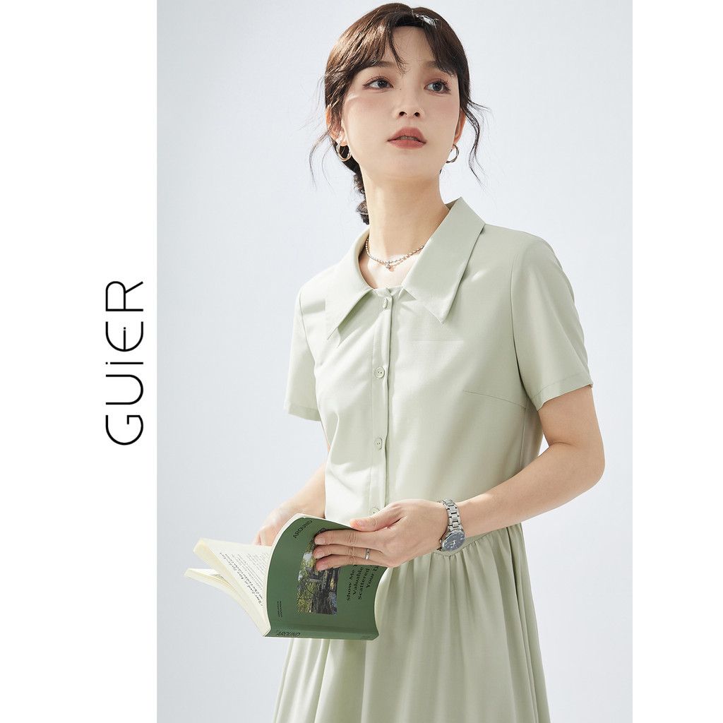 GUIER Lapel Temperament Niche Narrow-Waisted Dress Women Summer ...
