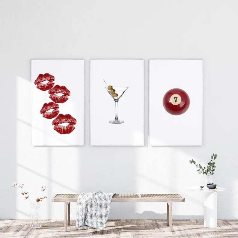 Set of 3 Red Prints, Lucky 7 Ball poster, Preppy Retro Dorm Wall Art ...