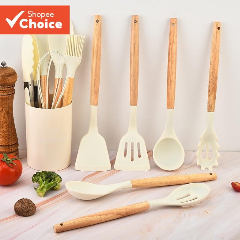 Wooden handle silicone set for household kitche n tools, non stick pot ...