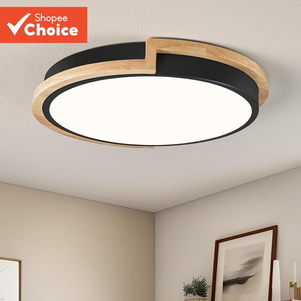 LED wooden edge iron art ceiling light, 48W three color dimming, simple ...