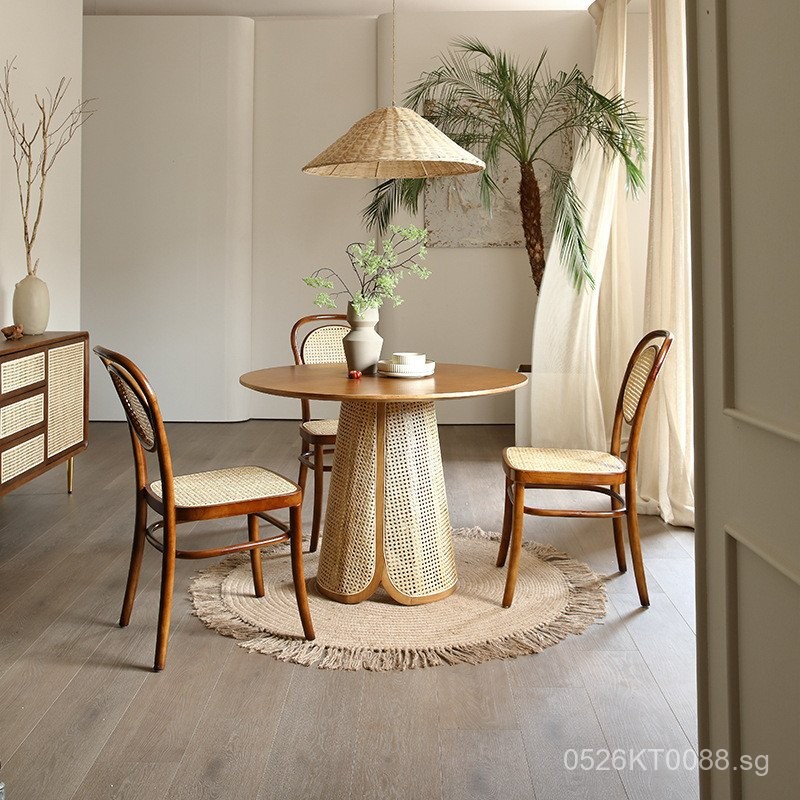 Wabi-Sabi Style White Ash Solid Wood Round Table Simple Home Rattan ...
