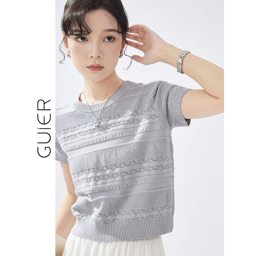GUIER Round Neck Hollow Classy Short-Sleeved Sweater Women Summer ...
